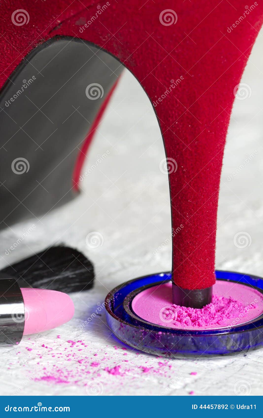 High Red Heels and Set of Cosmetics Stock Photo - Image of crushed ...