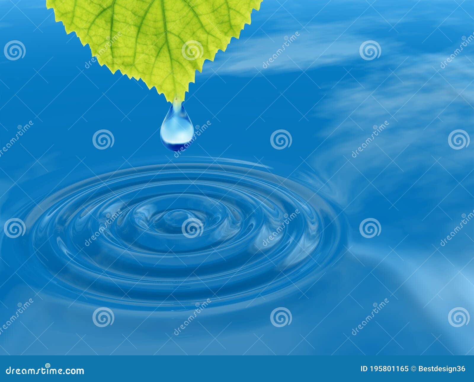 Conceptual Water or Dew Drop Falling from a Green Fresh Leaf Stock ...