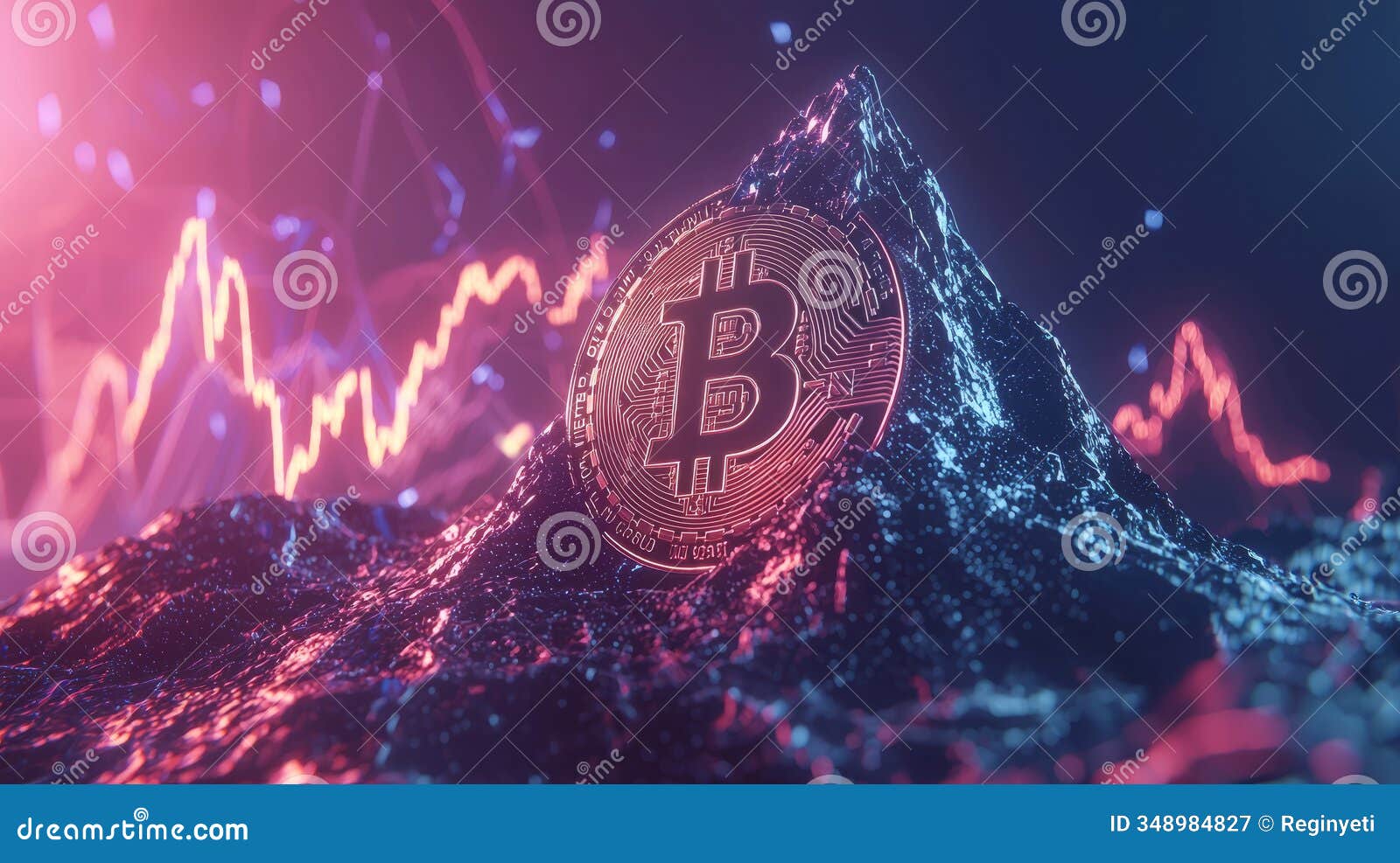 High Resolution 3D Bitcoin Growth Chart Illustration on Mountain Stock ...