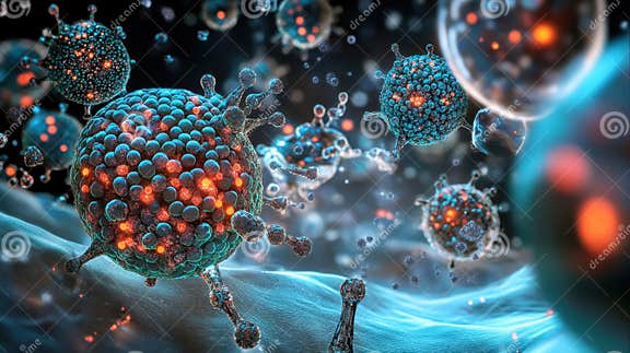 High-Resolution 3D Rendering of Viruses Infecting Human Cells Stock ...