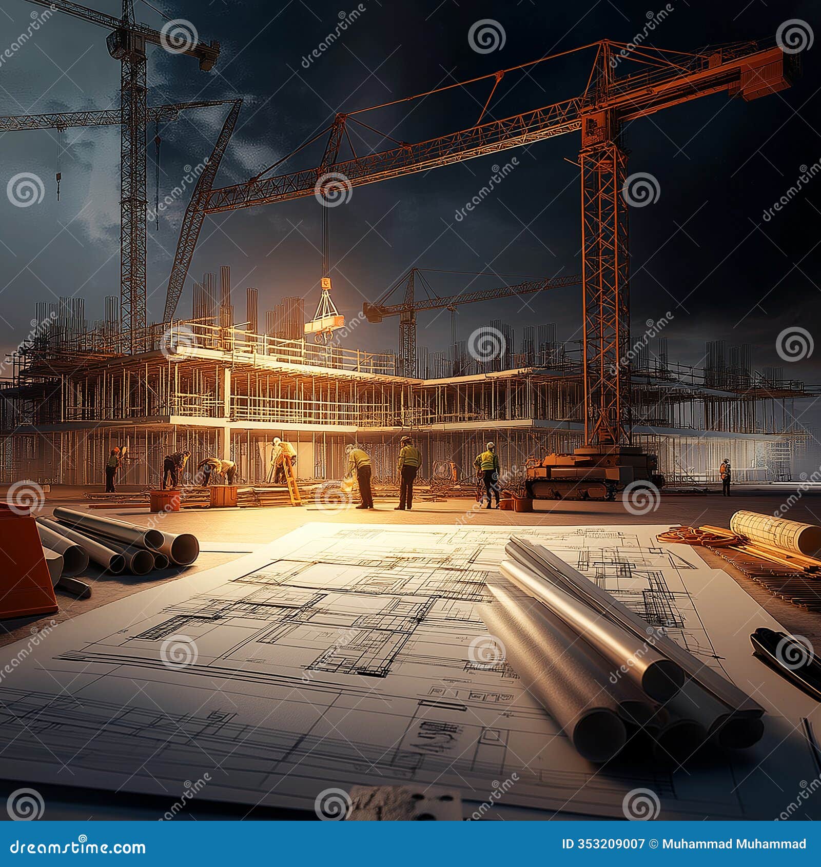 Hyper-Realistic Construction Site Advertisement with Blueprints and ...
