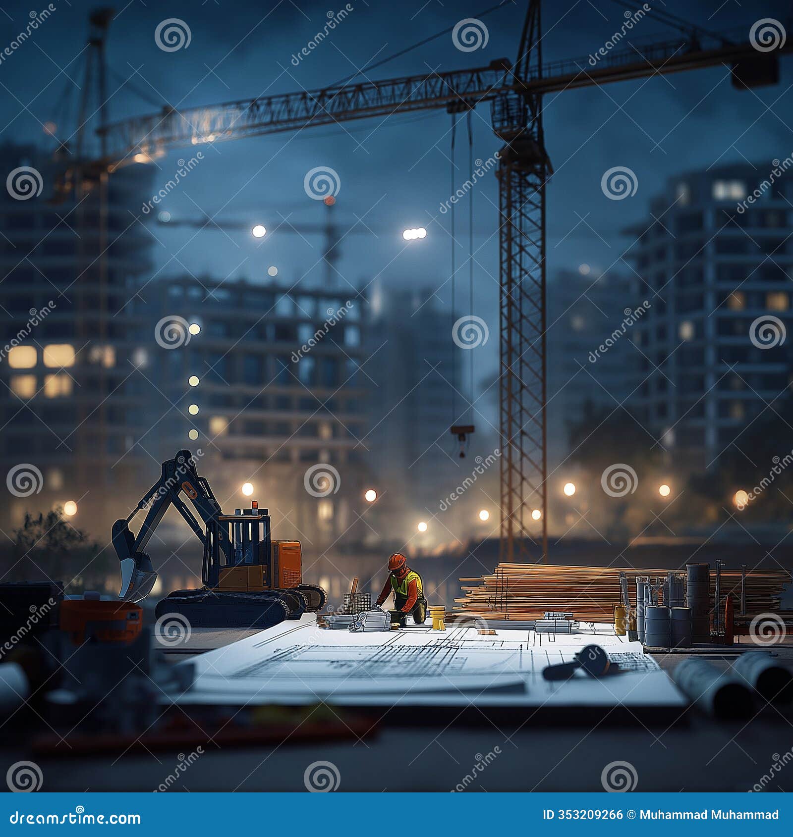 Hyper-Realistic Construction Site Advertisement with Blueprints and ...