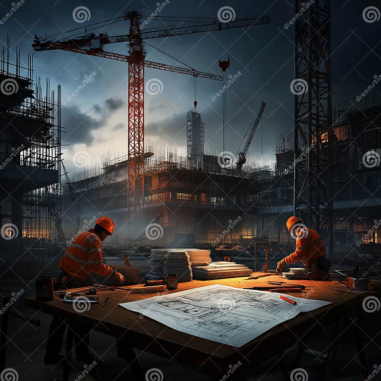 Hyper-Realistic Construction Site Advertisement with Blueprints and ...