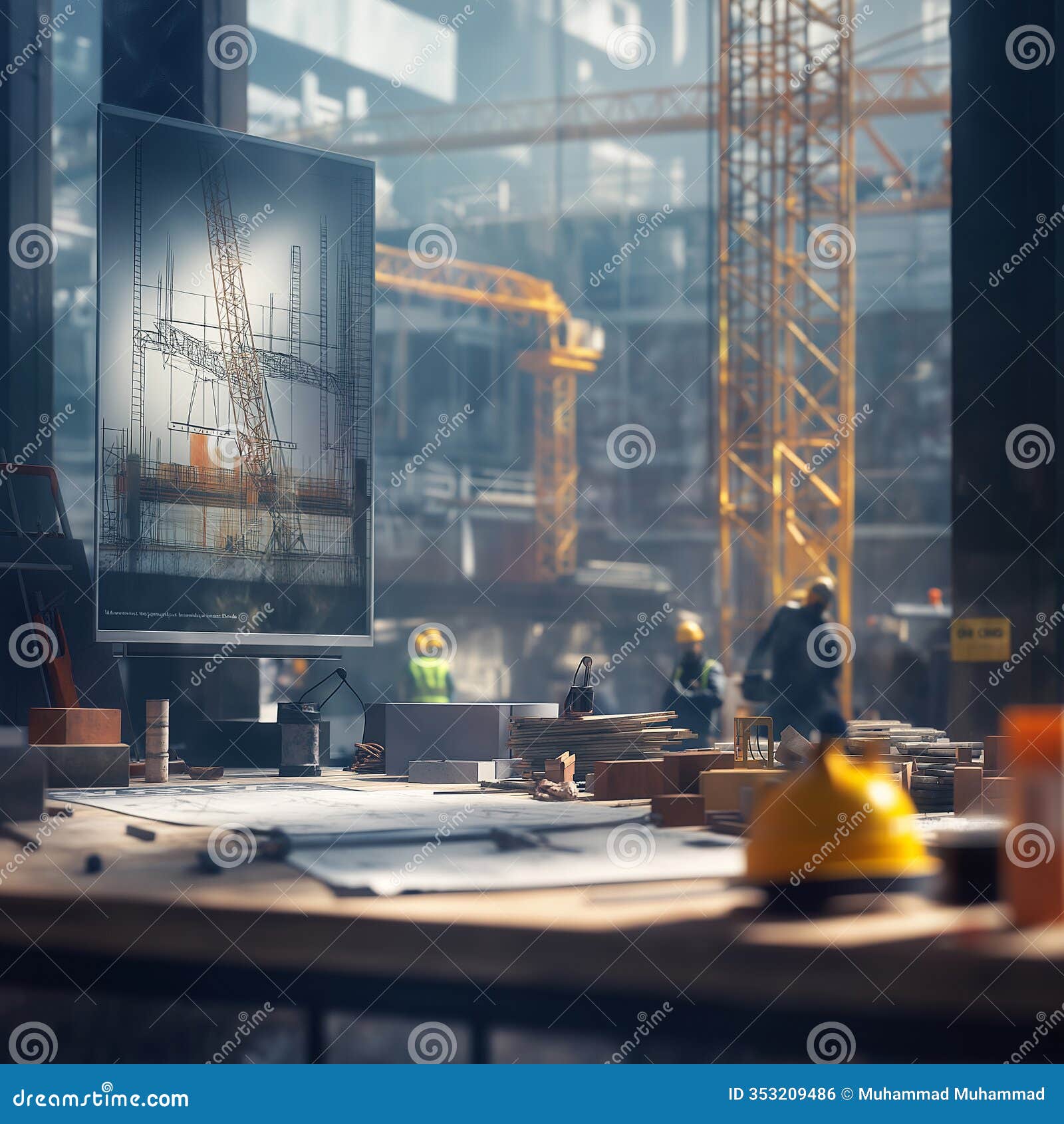 Hyper-Realistic Construction Site Advertisement with Blueprints and ...