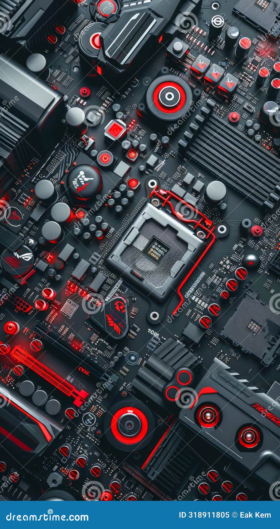 High Resolution Image of Advanced Motherboard Circuitry with Red LED ...