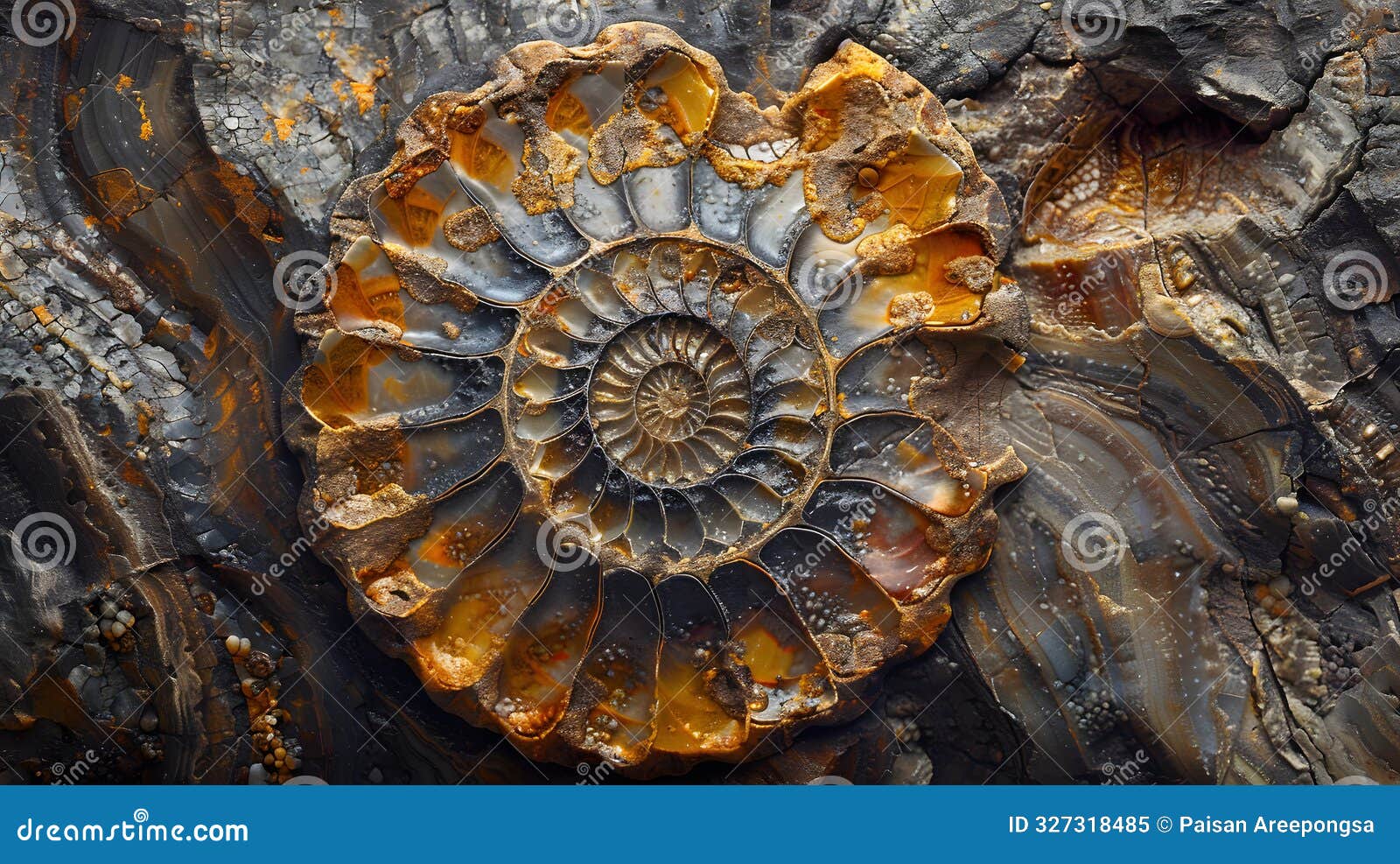 Ultradetailed Image of a Fossilized Ammonite Shell Capturing Intricate ...