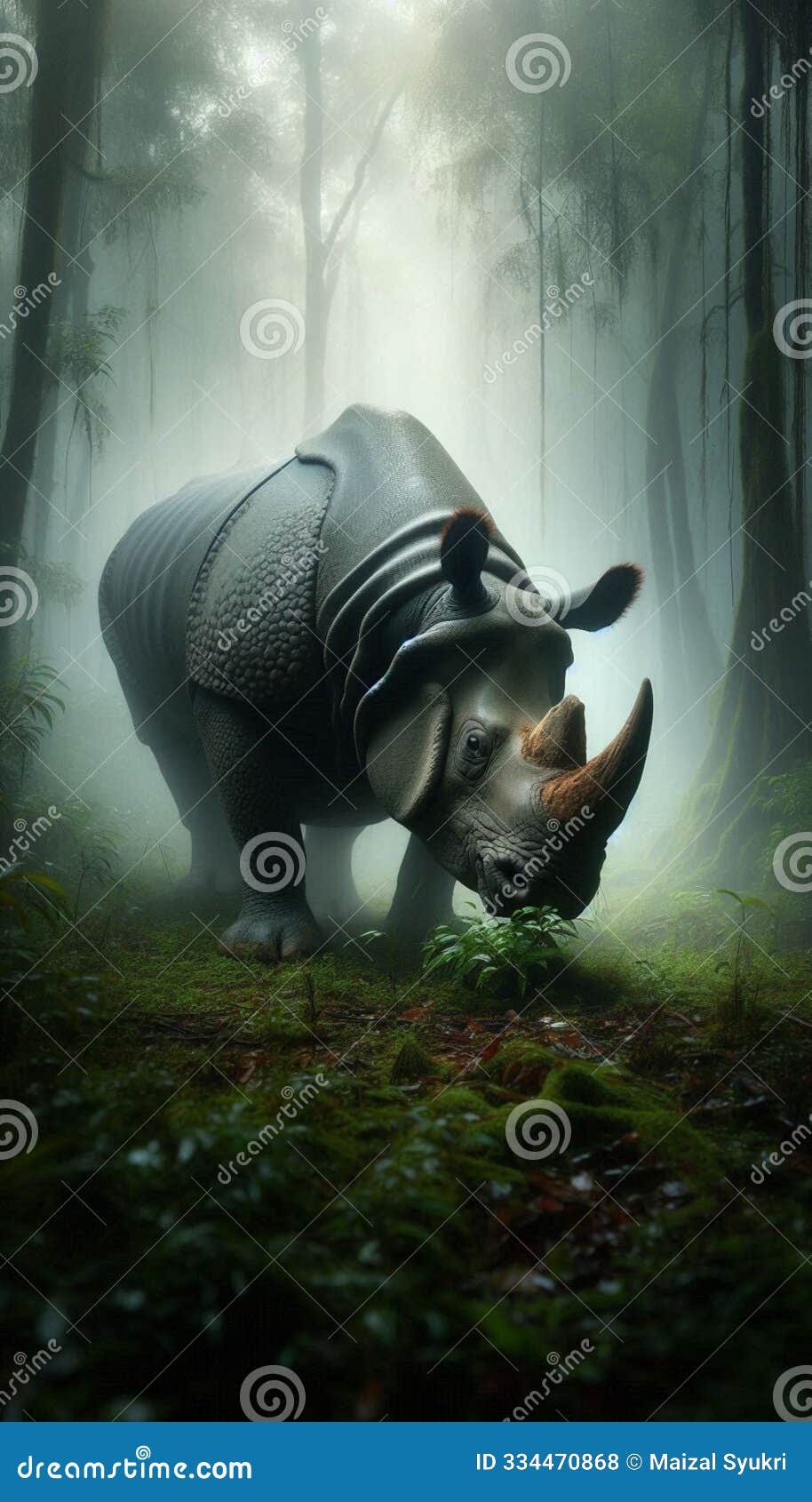 Javan Rhino Grazing in a Misty Forest Stock Illustration - Illustration ...