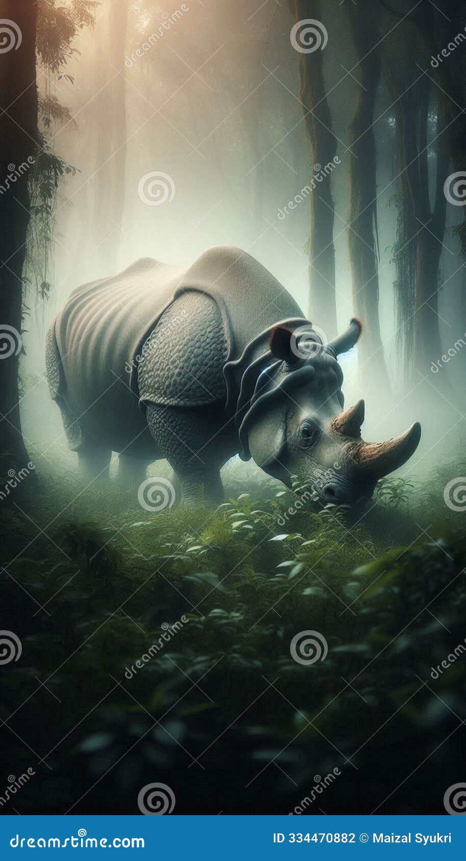Javan Rhino Grazing in a Misty Forest Stock Illustration - Illustration ...