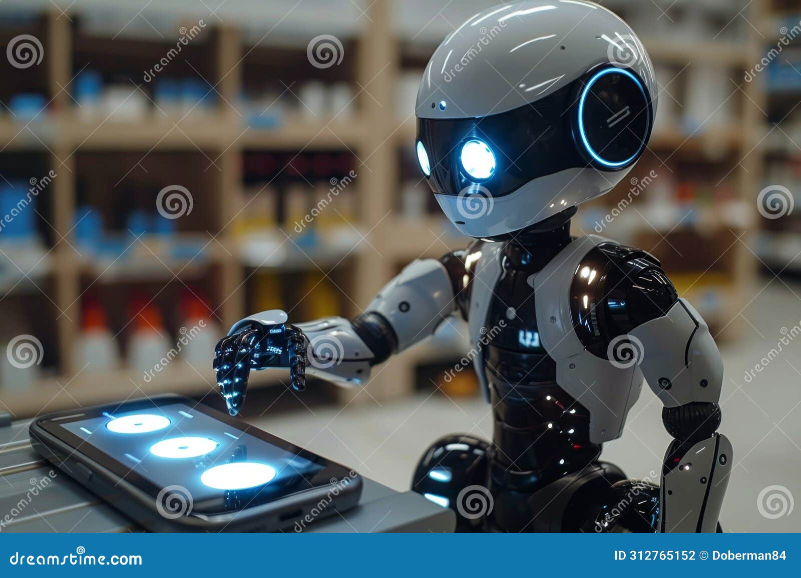 Futuristic Robot Analyzing and Interacting with a Touchscreen Device in ...