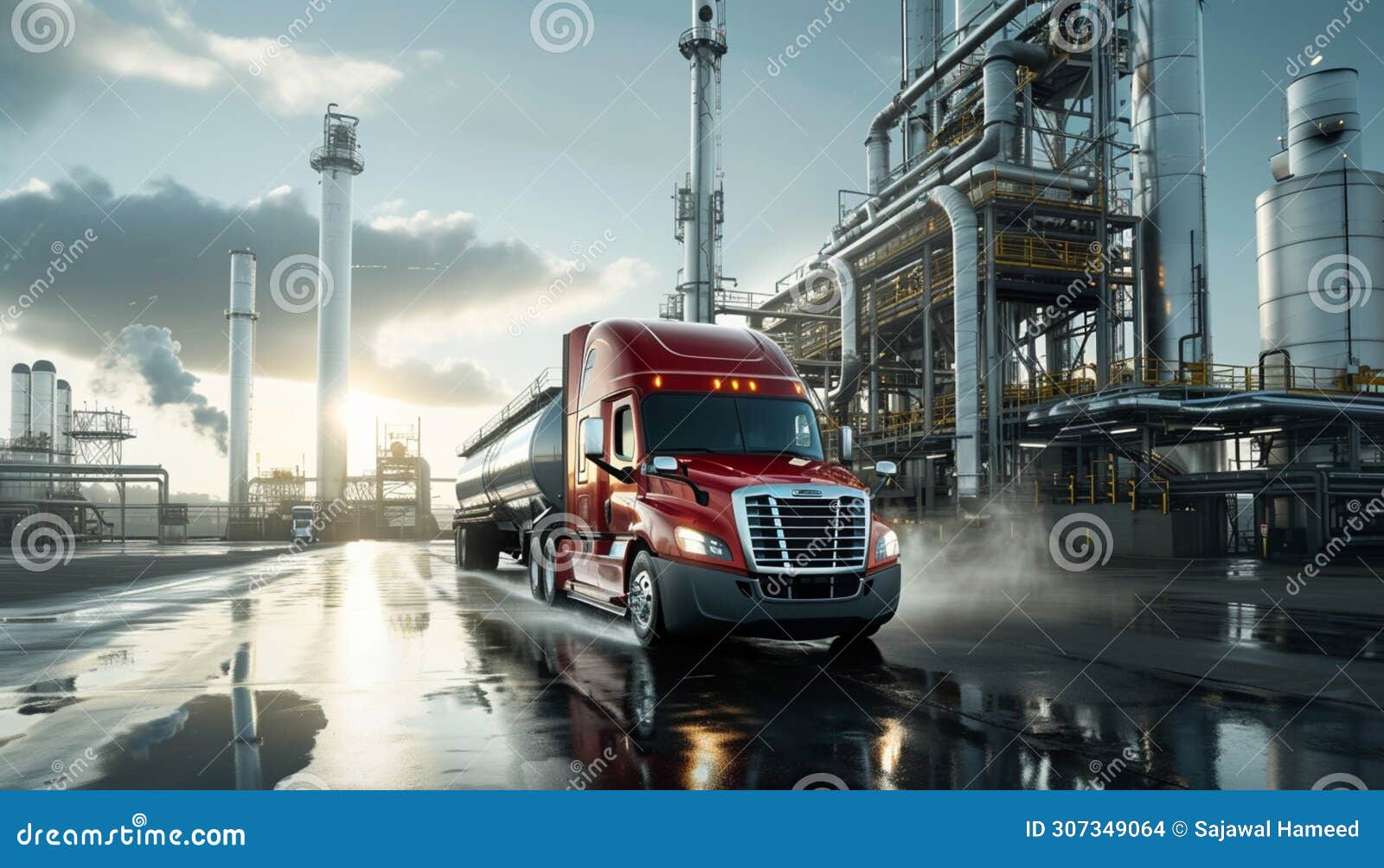A Freightliner Tanker Truck Loading And Unloading At A Busy Industrial ...
