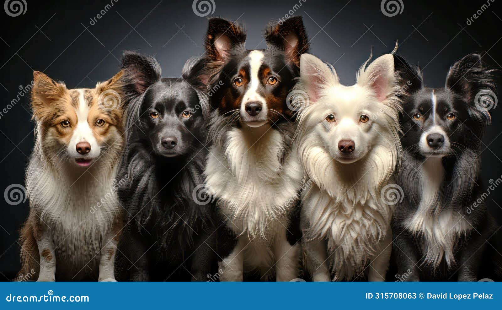 Portrait of Five Border Collies on a Dark Background. Generative Ai ...