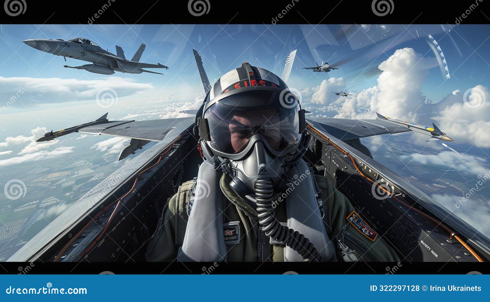 Pilot in the Cockpit of a Modern Fighter Jet with Other Jets Flying in ...
