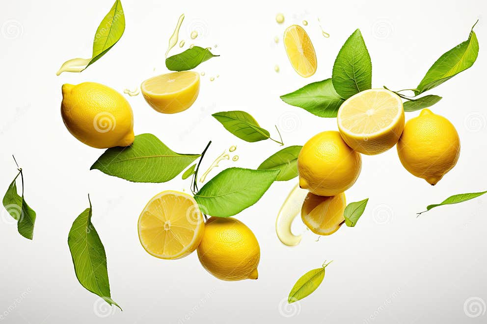 High Resolution Image of Fresh Lemons with Green Leaves in Zero Gravity ...