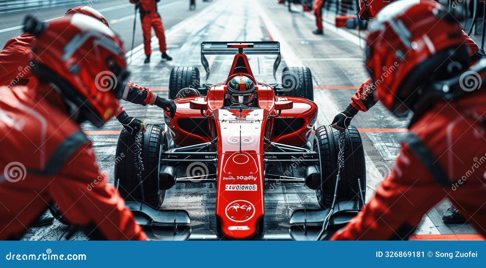 High-Resolution Image of Red F2 Race Car in Pit Stop Showing Teamwork ...