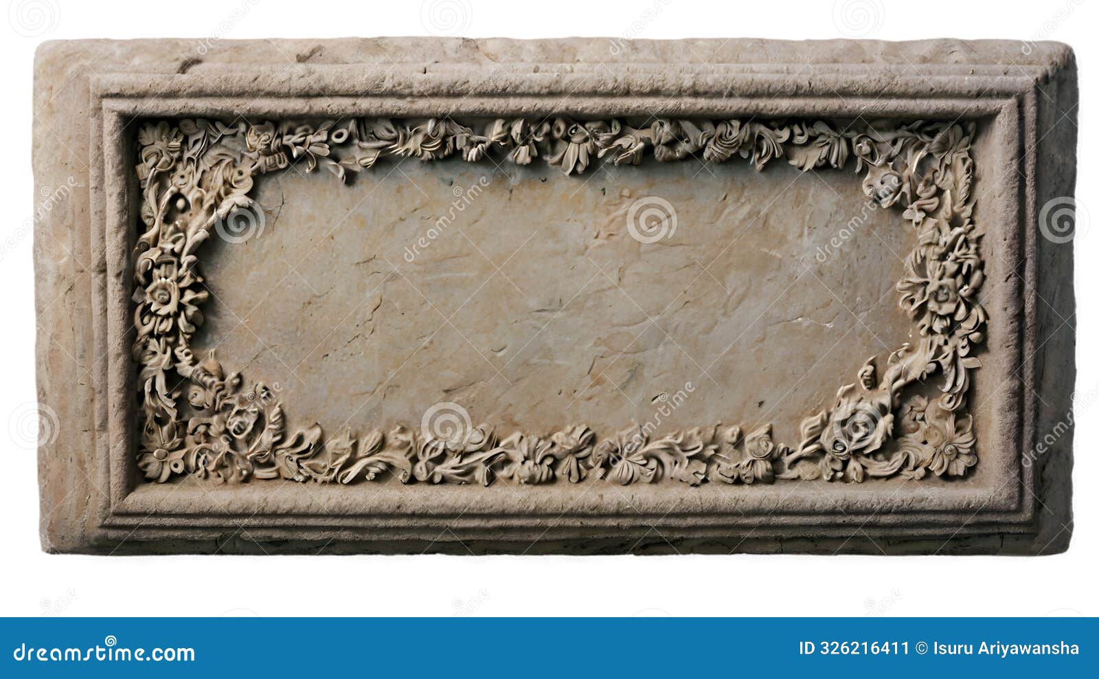 Rectangular Ornate Stone Plaque with Floral Embellishments Isolated in ...