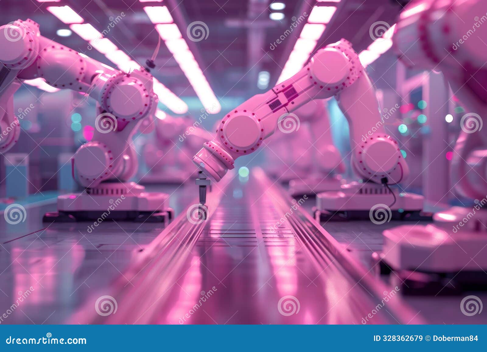 High Resolution Image Of Robotic Arms Working In An Automated Assembly