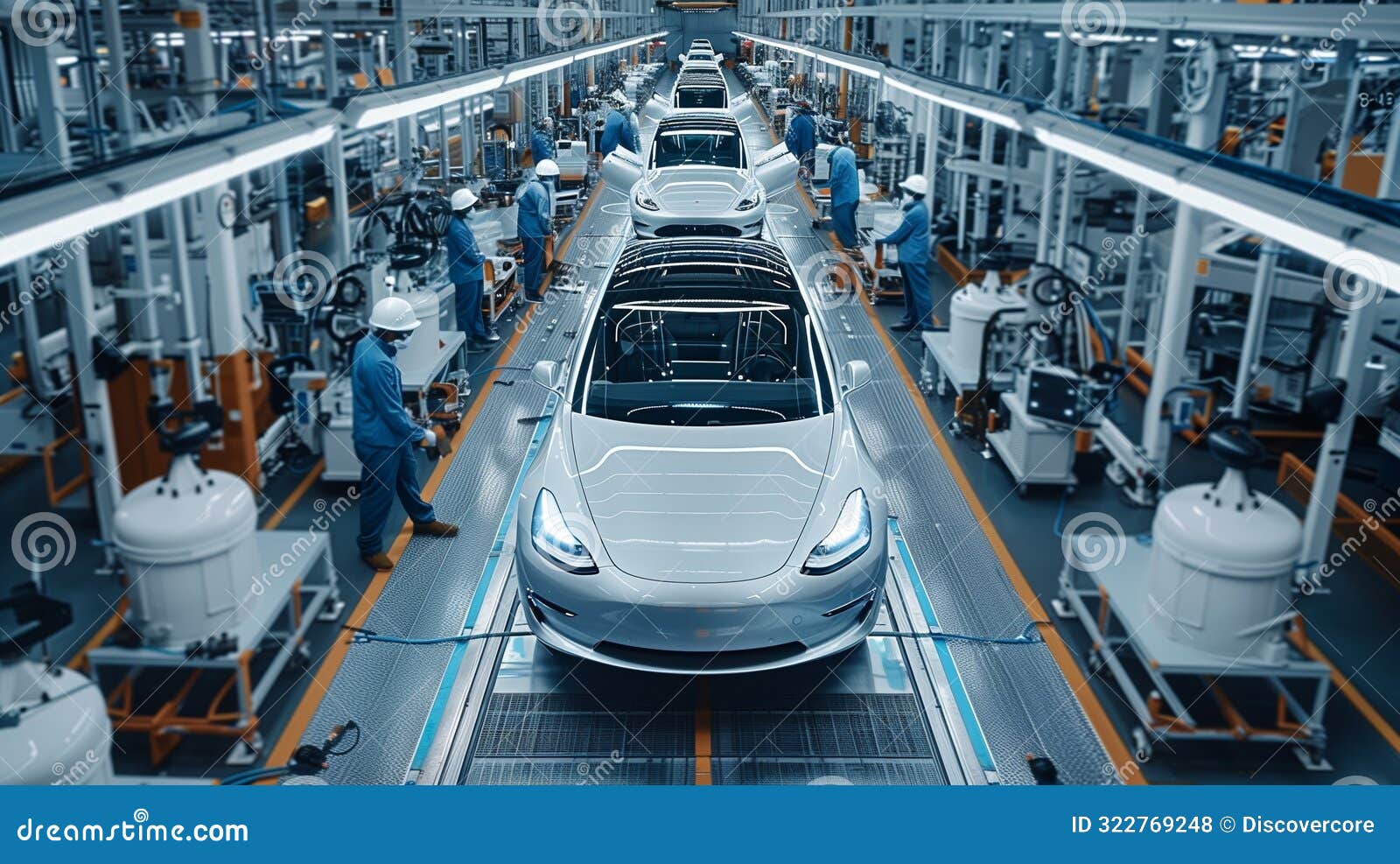 Electric Car Assembly Line in High-Tech Manufacturing Facility Stock ...