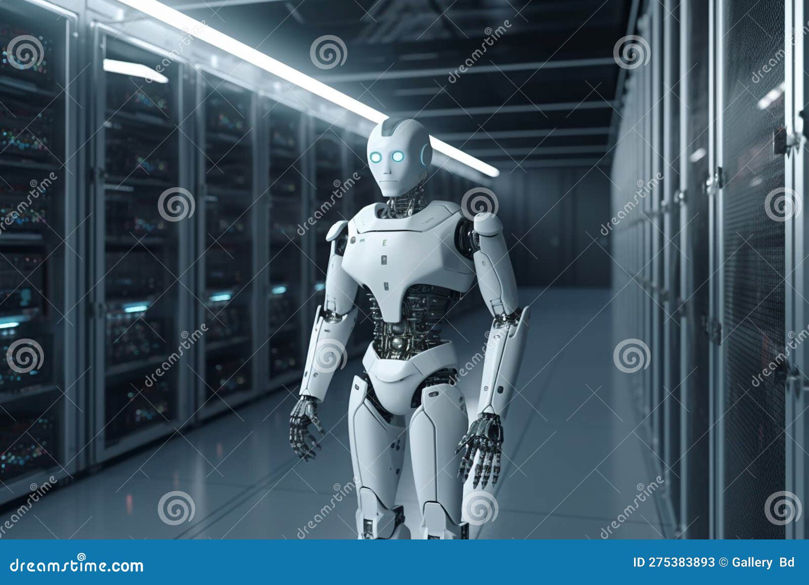 3d Rendering Humanoid Robot Working in Server Room or Datacenter Stock ...