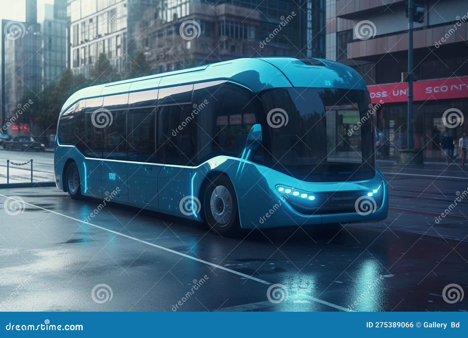 3D Rendering of a Modern Electric Bus in the City at Night Stock ...