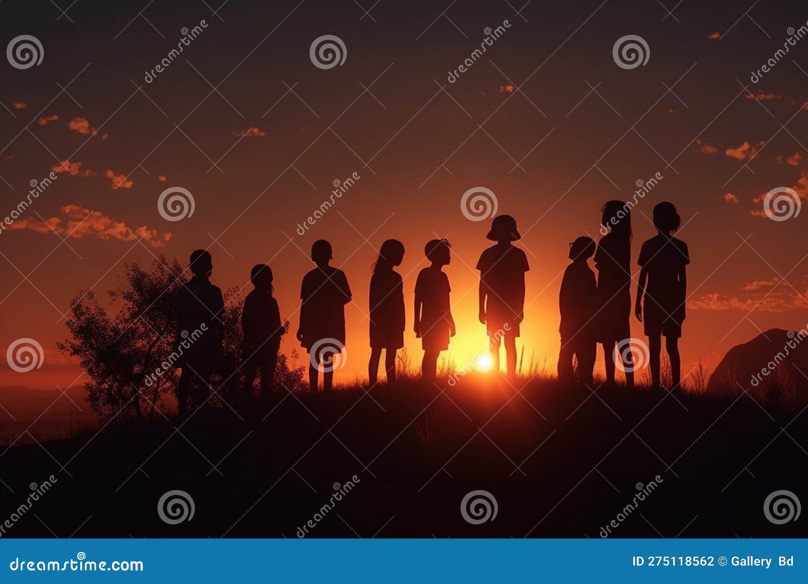 Silhouette of a Group of Children in the Field at Sunset Stock ...