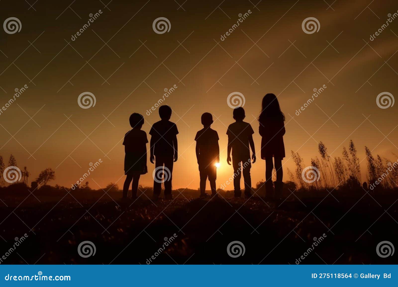 Silhouette of a Group of Children in the Field at Sunset Stock ...
