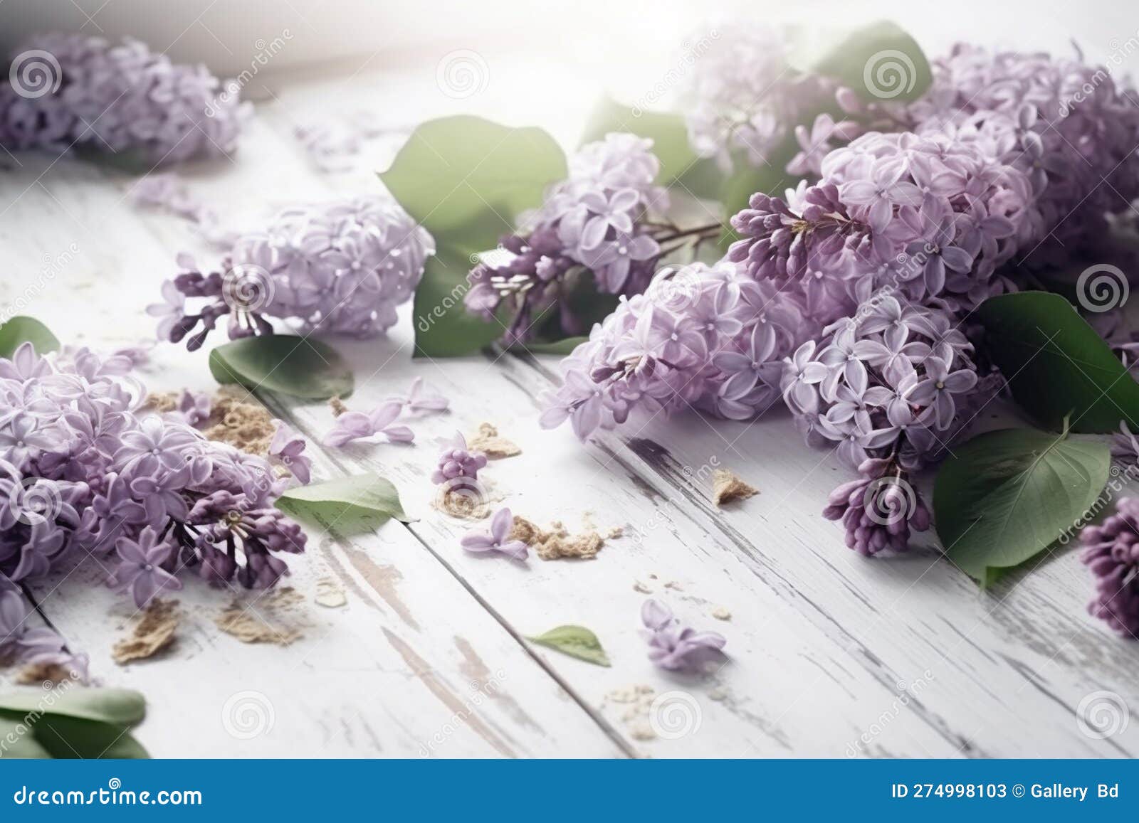 A Wooden Table with a Bunch of Lilacs on White Background Stock ...