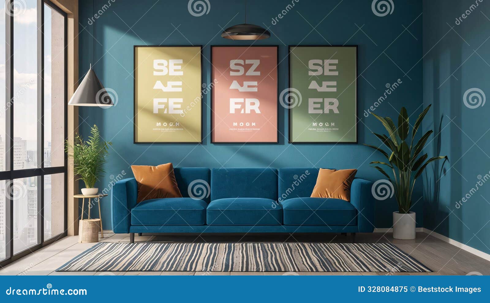High Resolution Living Room with Three Equal Poster Frames on the Front ...