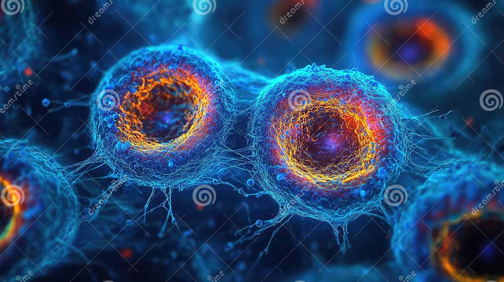 High-Resolution Microscopic Image of Cells with Vibrant Blue and Red Hues, Highlighting Nucleus ...