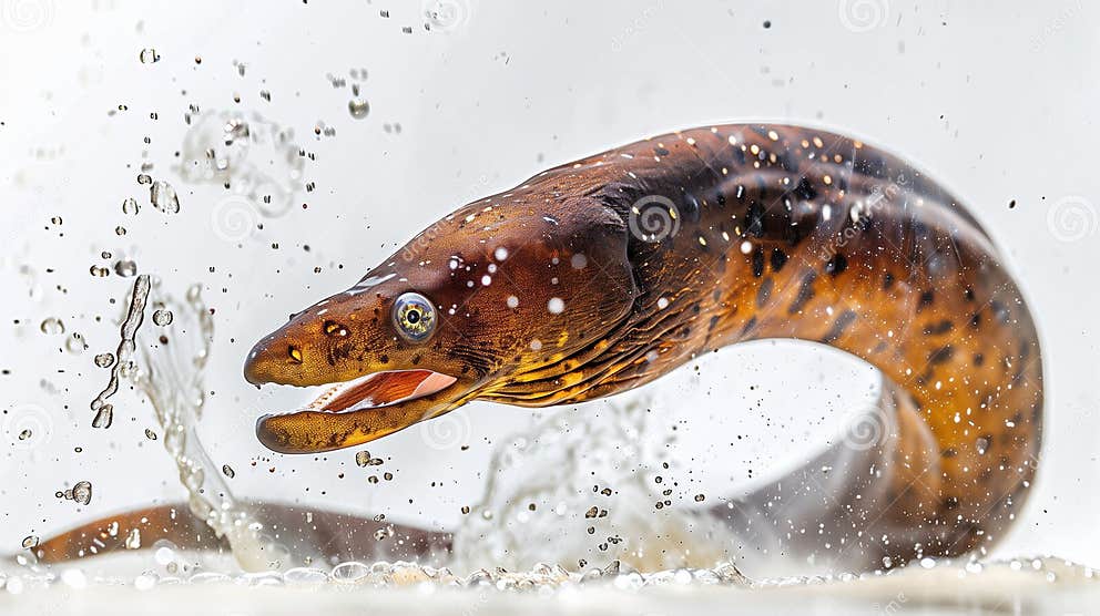 A High-resolution of a Moray Eel Lunging Forward with Its Jaws Agape, Set Against a Clean Stock ...