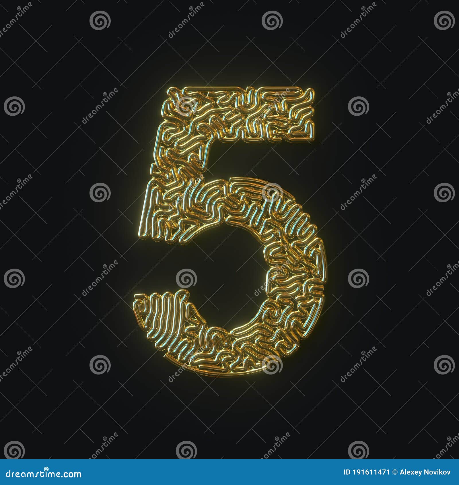 High Resolution Number 5 Five Symbol Formed of Gold Bent Wire. 3D ...