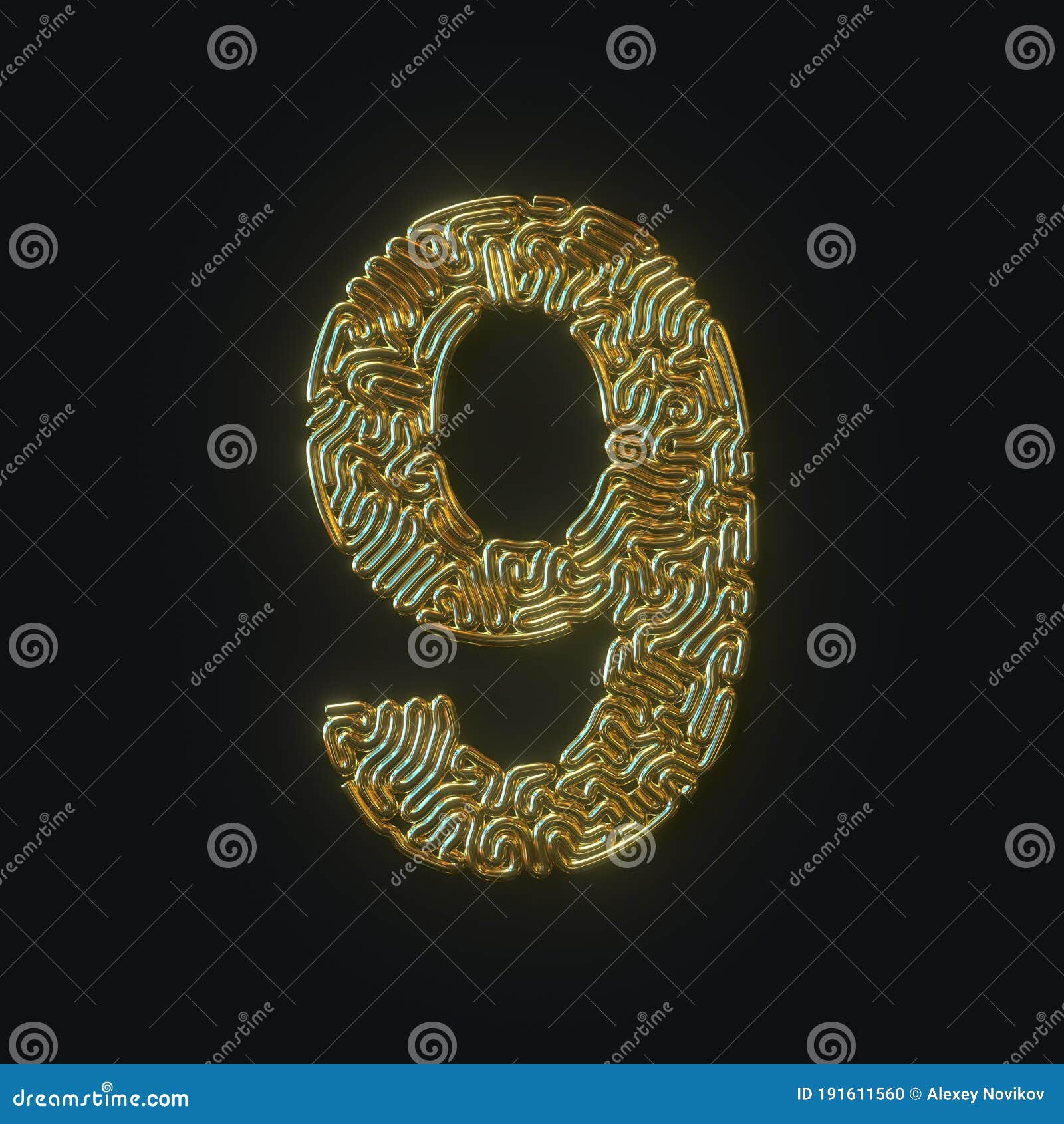 High Resolution Number 9 Nine Symbol Formed of Gold Bent Wire. 3D ...