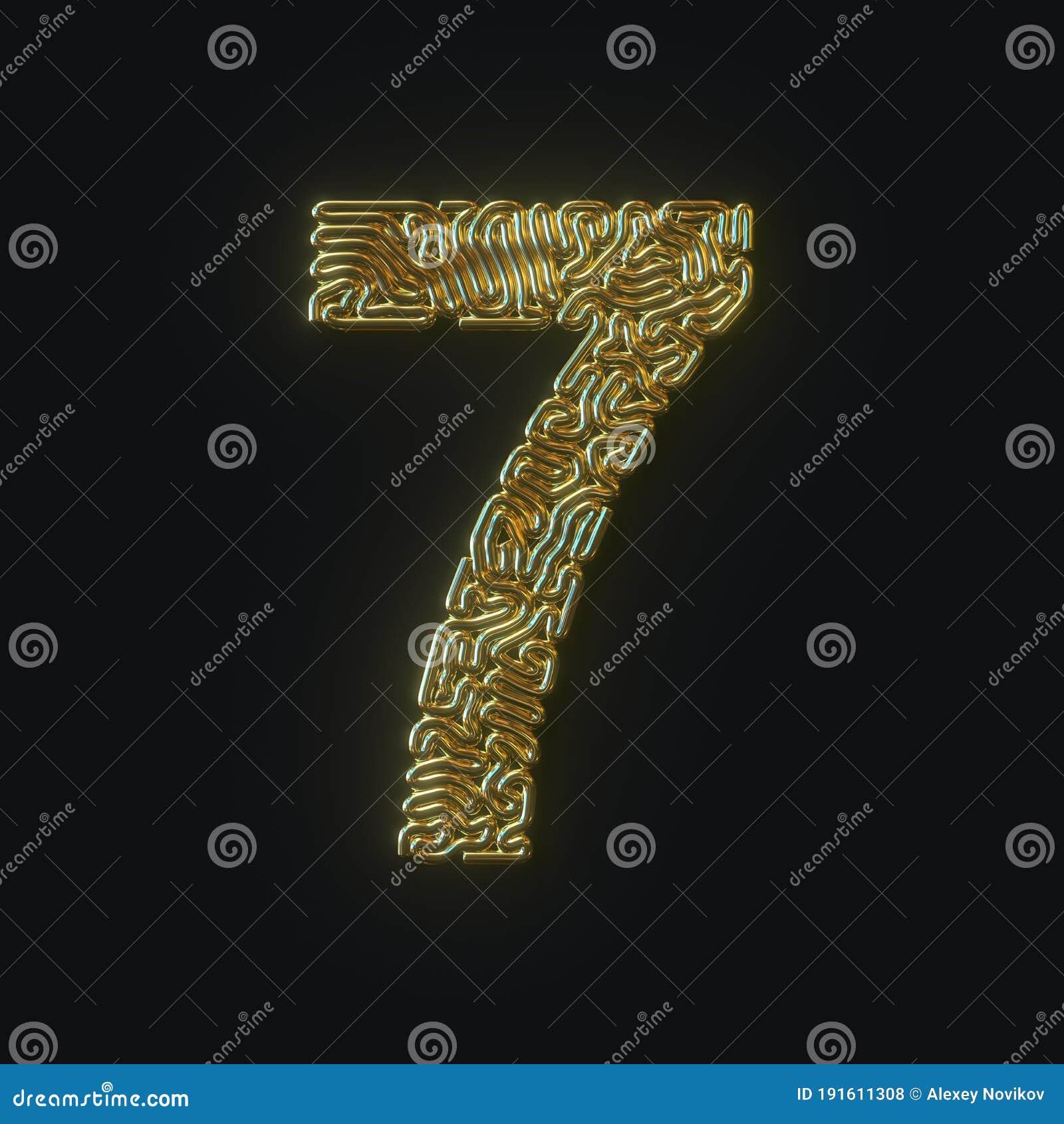 High Resolution Number 7 Seven Symbol Formed of Gold Bent Wire. 3D ...