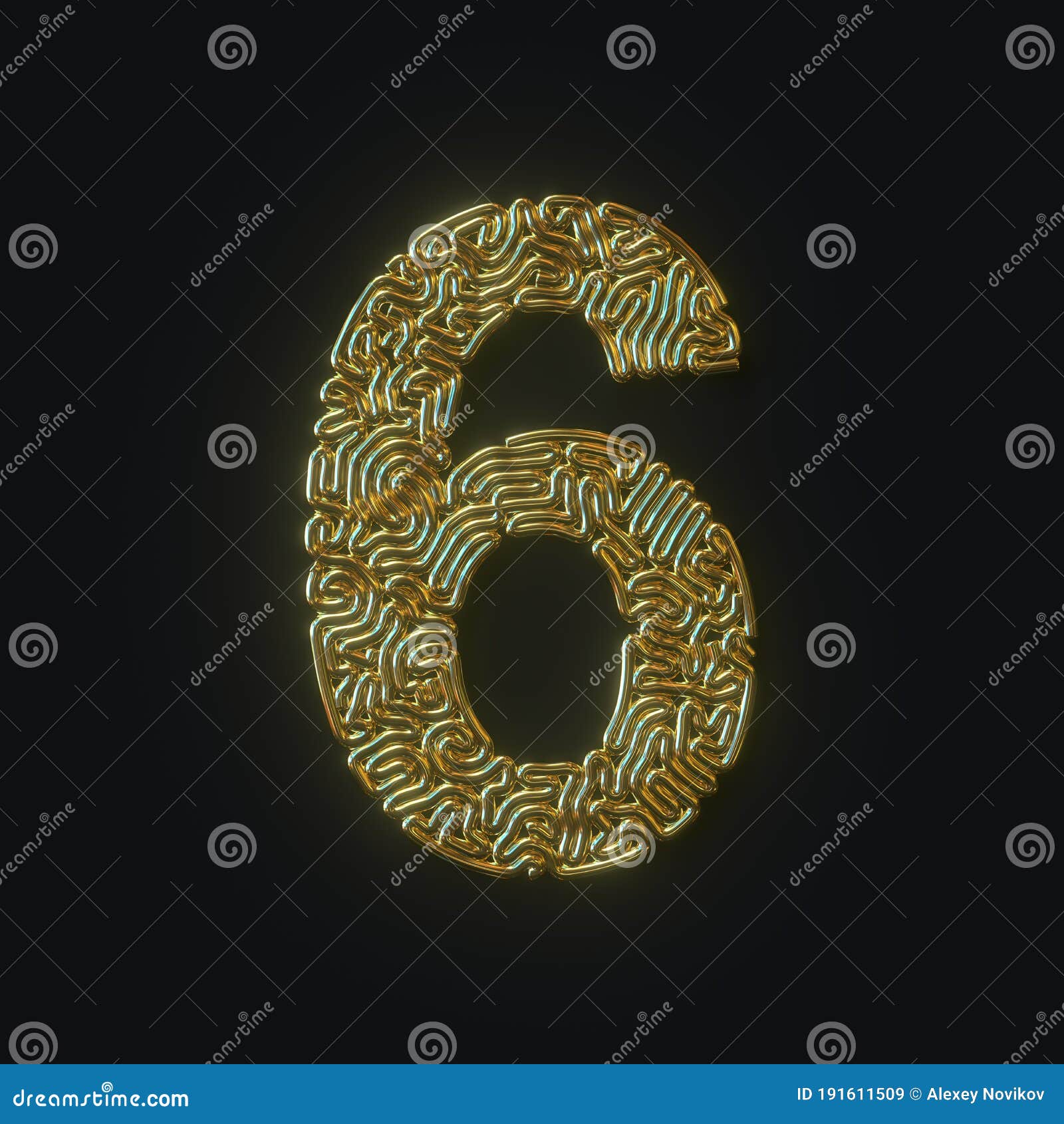 High Resolution Number 6 Six Symbol Formed of Gold Bent Wire. 3D ...