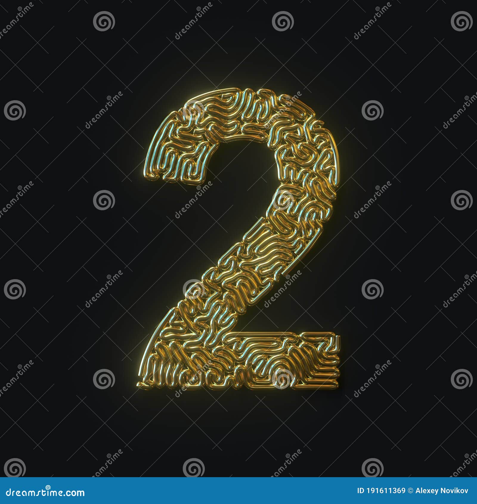 High Resolution Number 2 Two Symbol Formed of Gold Bent Wire. 3D ...