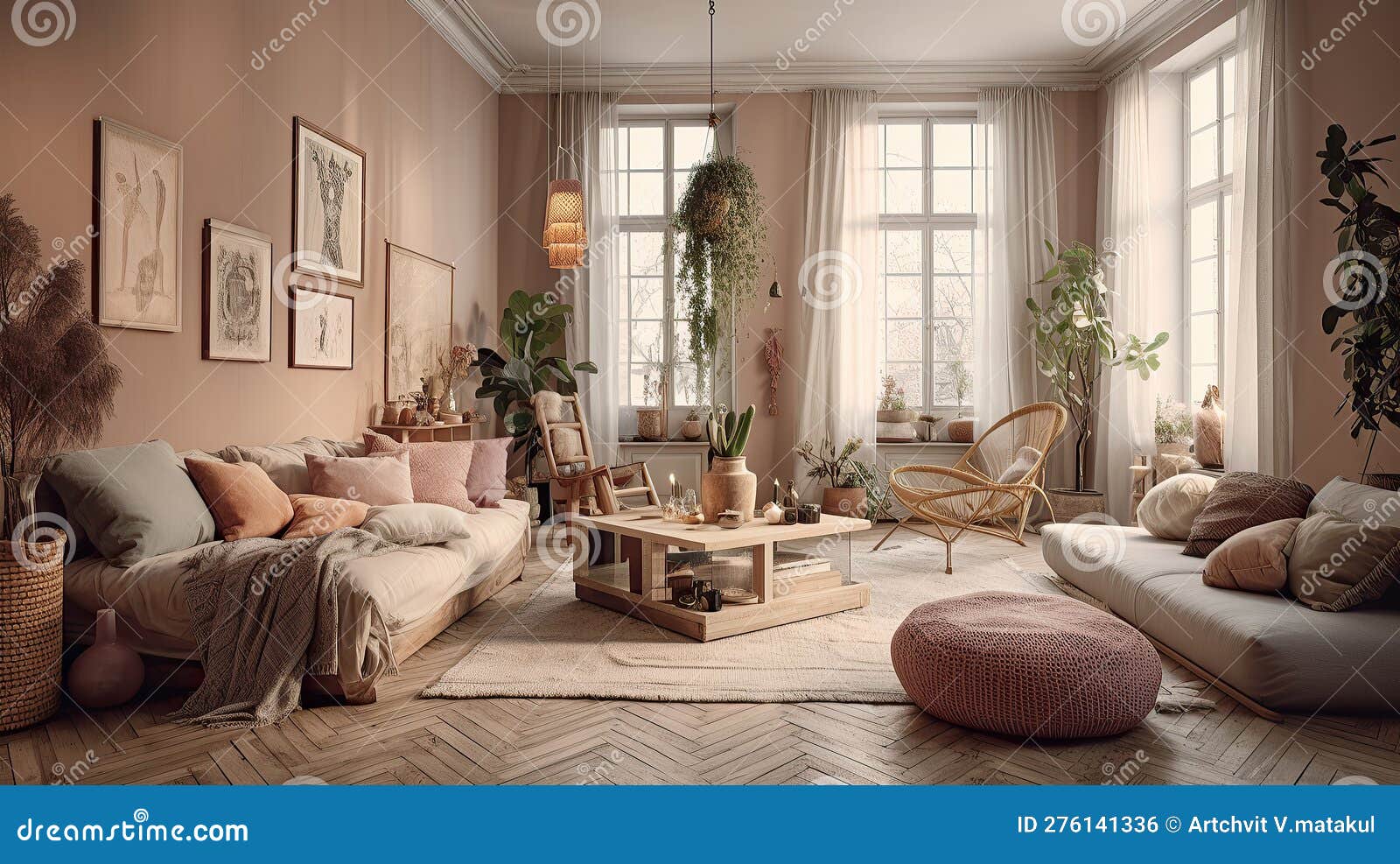 Boho Living Room Interior with Light and Bright Atmosphere Stock ...