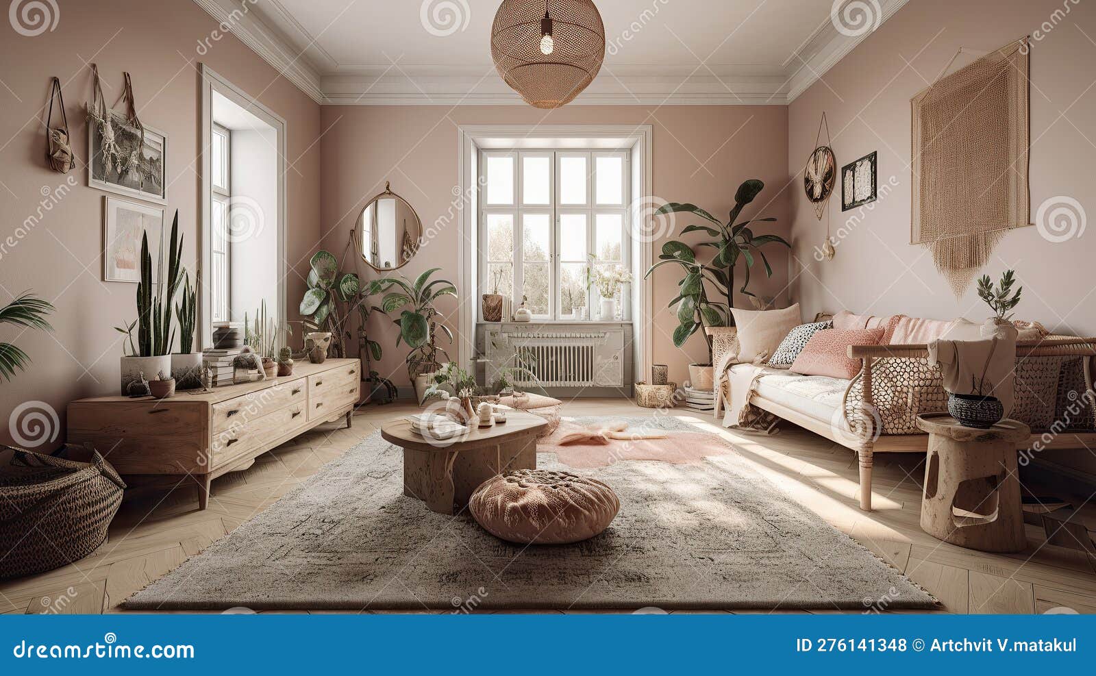 Boho Living Room Interior with Light and Bright Atmosphere Stock ...