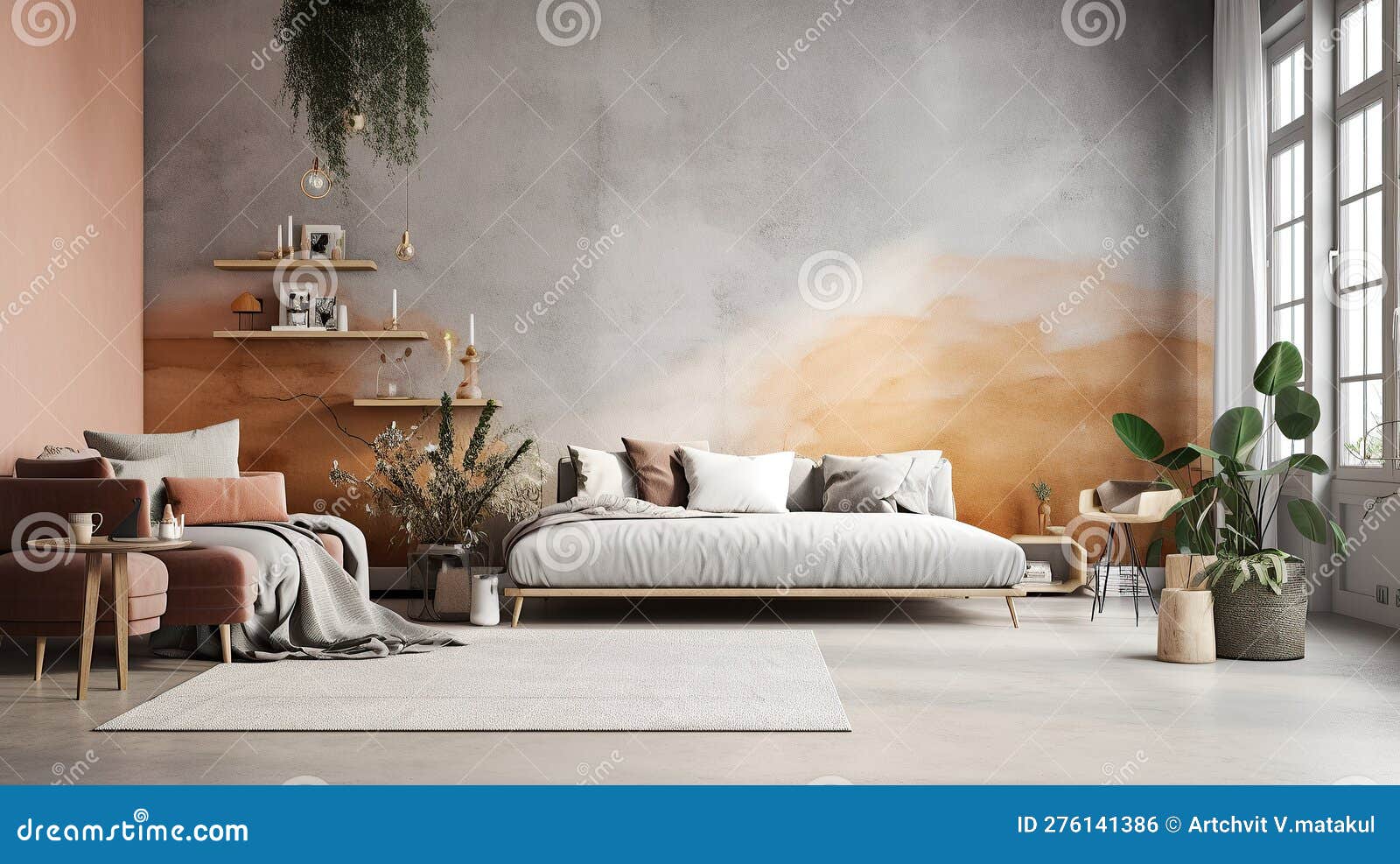 Boho Living Room Interior with Light and Bright Atmosphere Stock ...