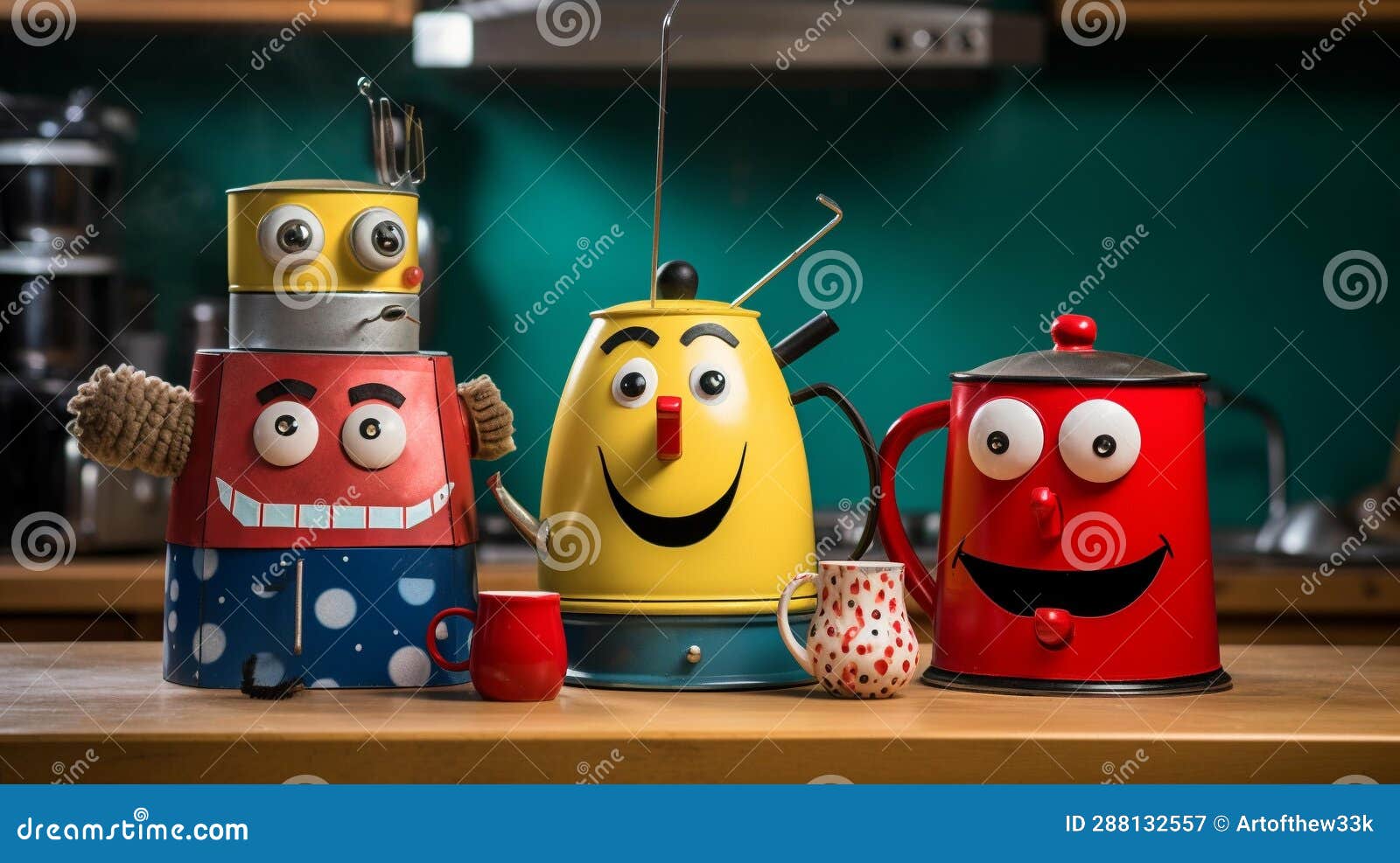 Whimsical Trio: Robot, Banana, and Teapot in Comical Arrangement Stock ...