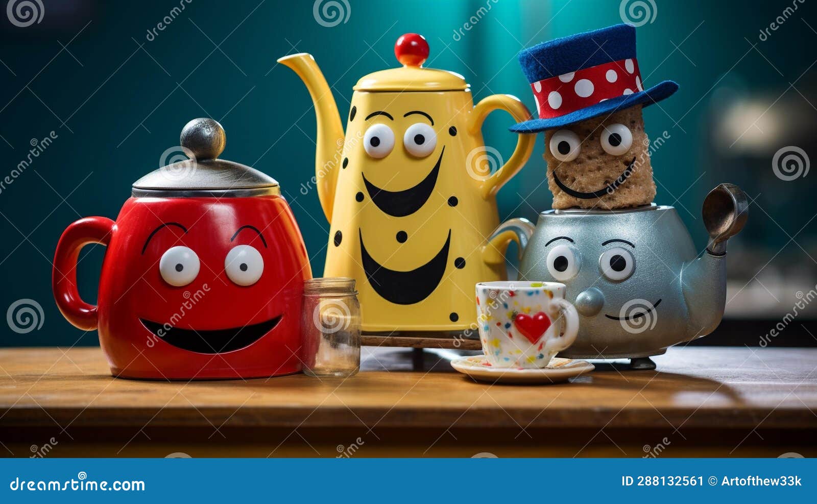 Whimsical Trio: Robot, Banana, and Teapot in Comical Arrangement Stock ...