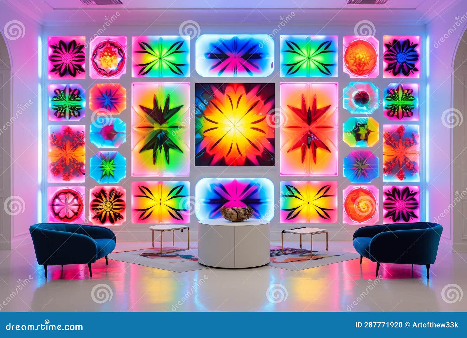 Vibrant Psychedelic Patterns on Minimalist Living Room Wall Stock ...