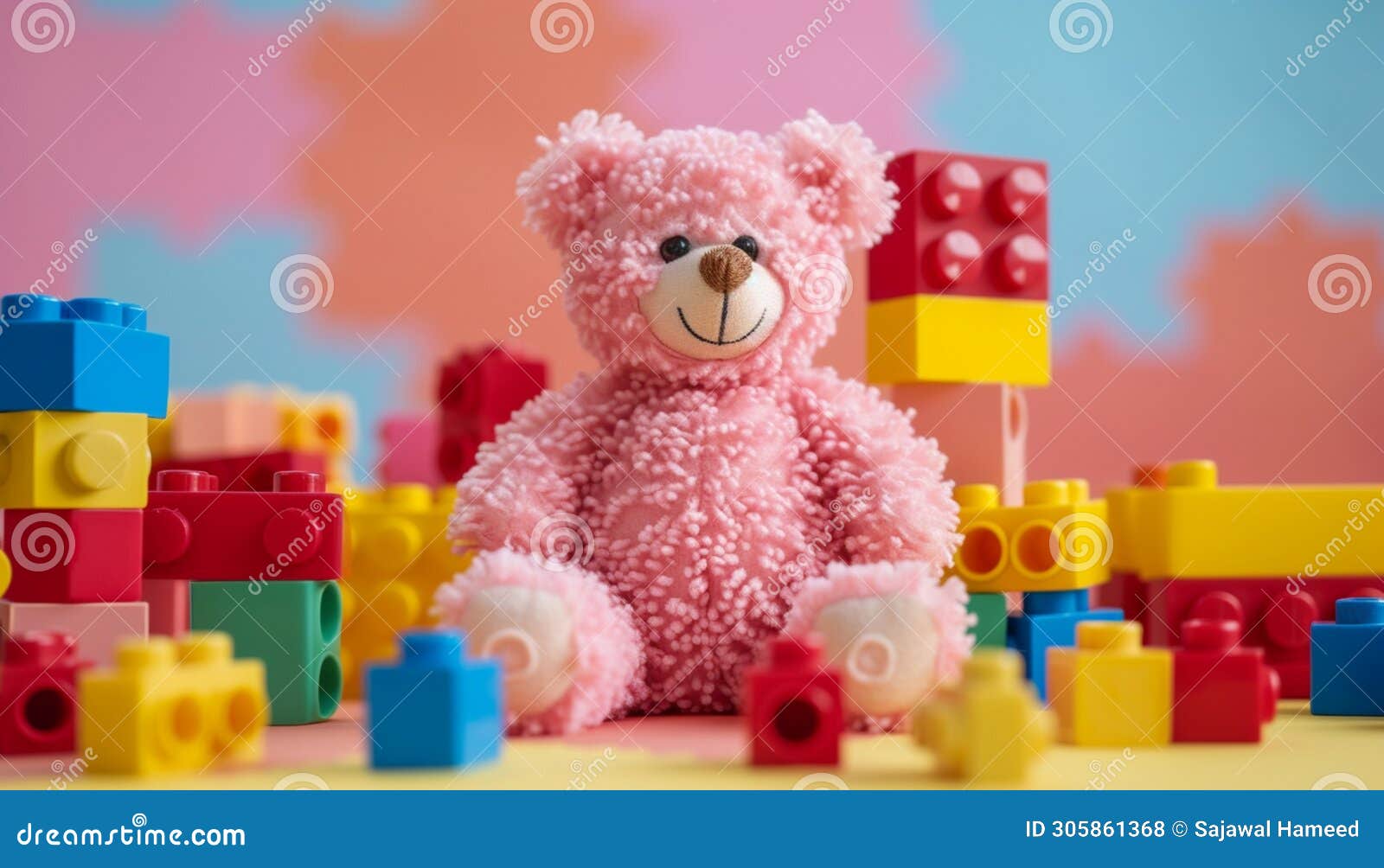 A Pink Teddy Bear with a Stack of Building Blocks Stock Illustration ...