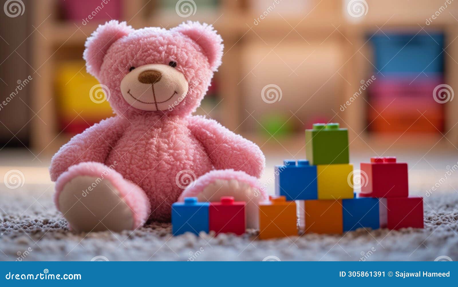 A Pink Teddy Bear with a Stack of Building Blocks Stock Illustration ...