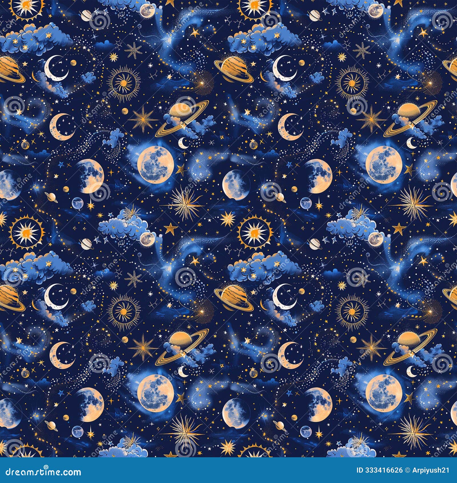 Mystical Celestial Bodies Seamless Pattern with Moon, Stars, Planets, Constellations, Clouds ...