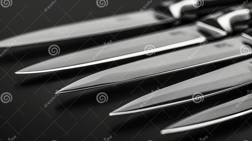 High Resolution Studio Shot of Metallic Kitchen Knives with Sharp Edges and Realistic ...