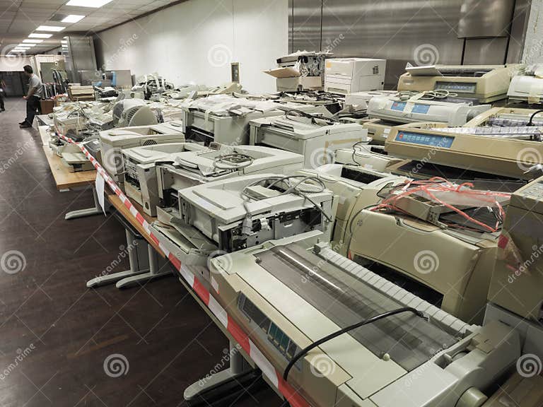 High Resolution Wide Shot of Pile or Stack of Old Printers that Stock ...