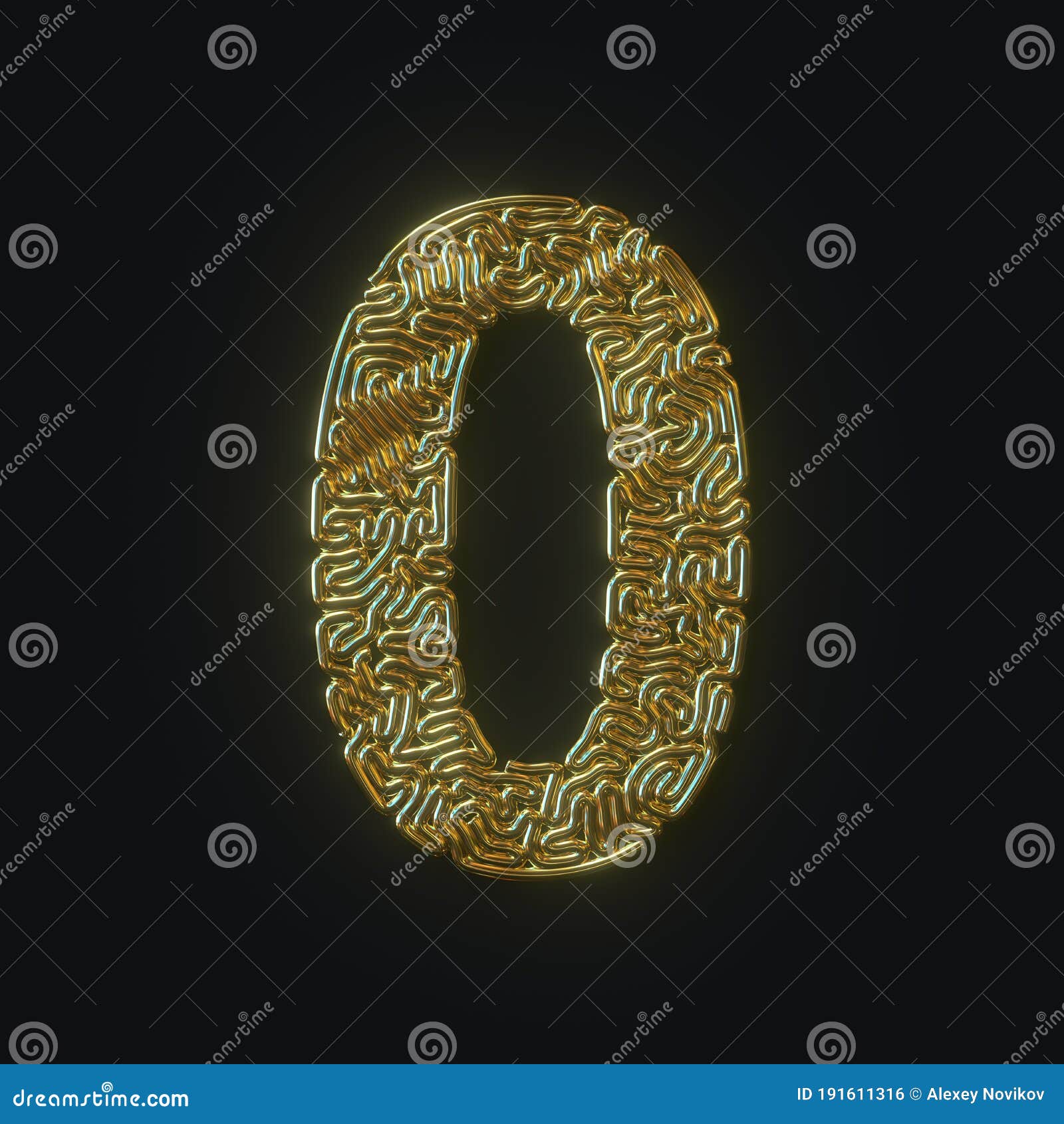 High Resolution 0 Zero Symbol Formed of Gold Bent Wire. 3D Rendering ...