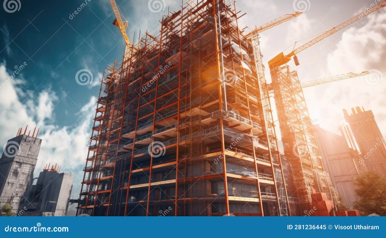 High Rise Building Under Construction with Scaffolding and a Crane ...