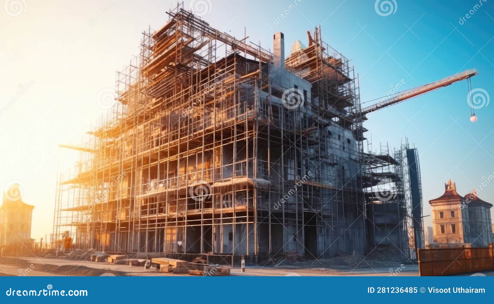 High Rise Building Under Construction with Scaffolding and a Crane ...