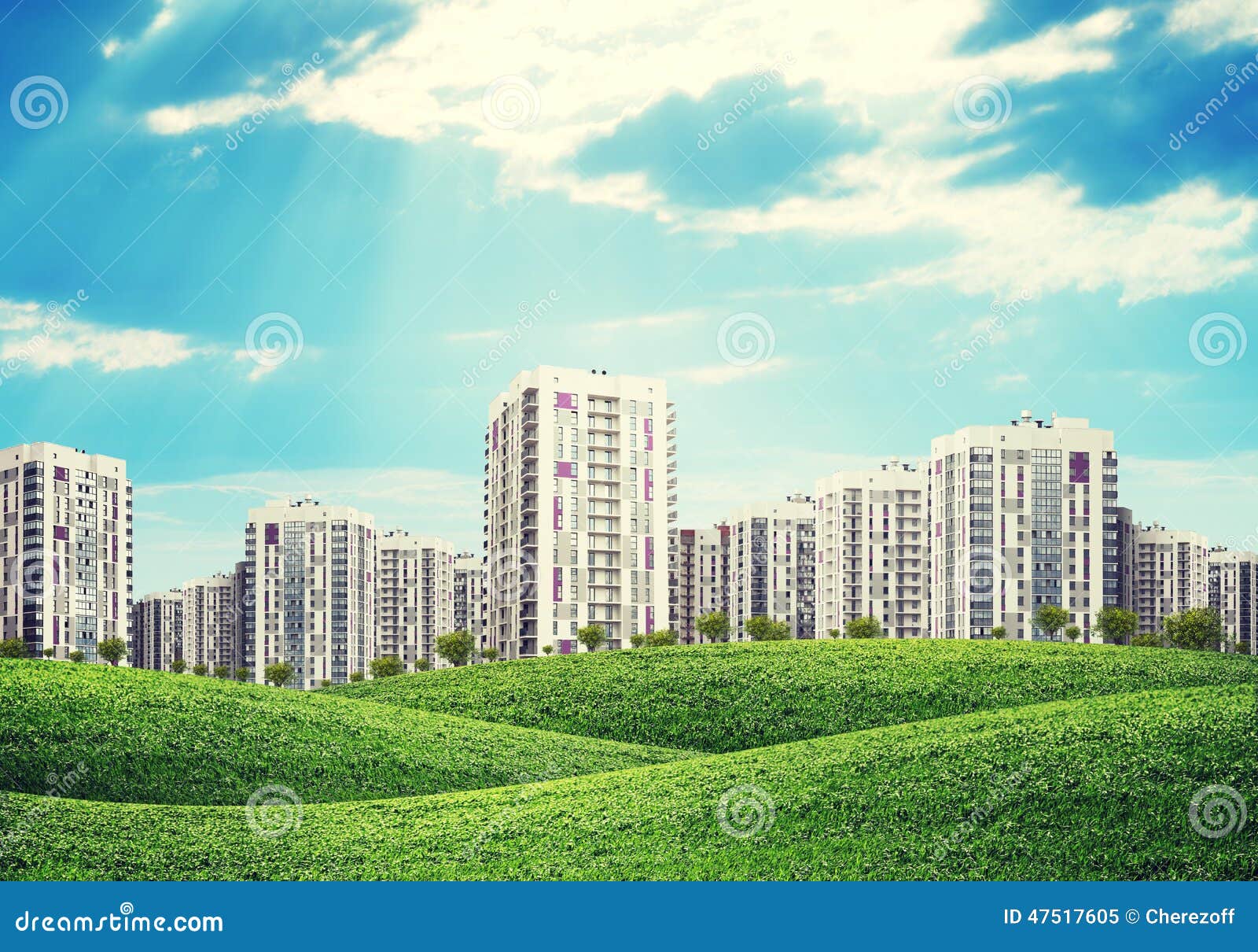 High-rise Buildings Over Green Hills Stock Image - Image of color, rays ...