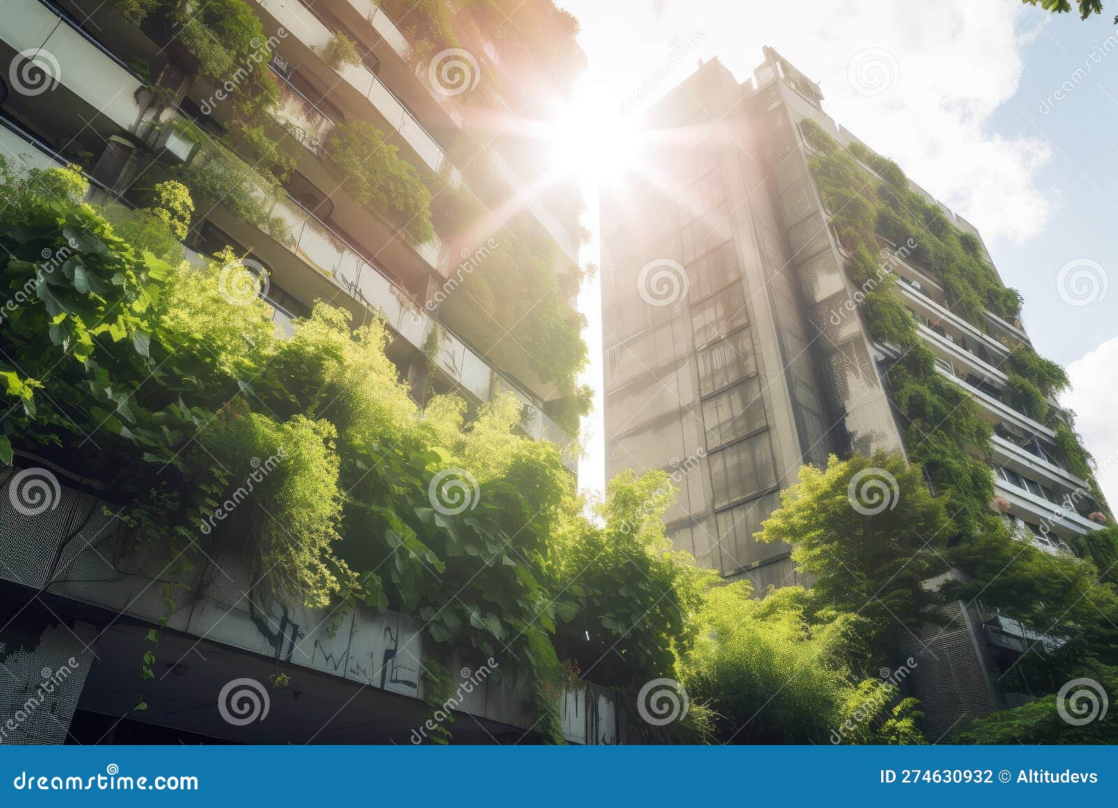 High-rise Surrounded by Lush Greenery, with Sun Shining through the ...